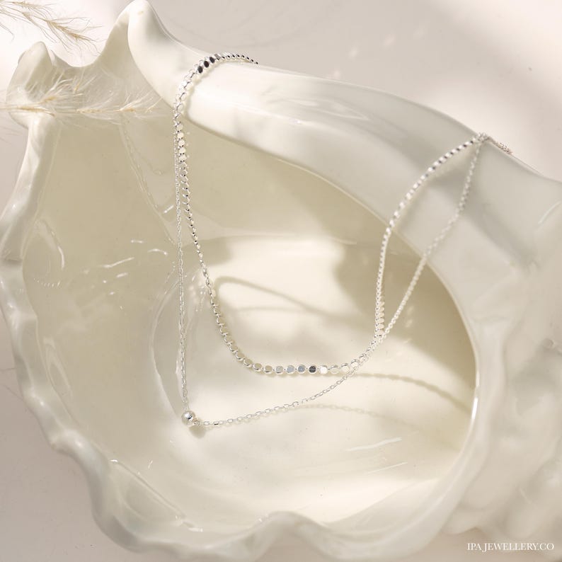 Double Layer 925 Sterling Silver Necklace With Beaded Chain, Two ...