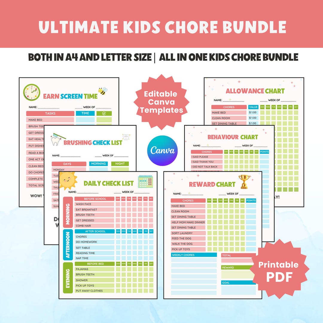 Kids Chore Chart Bundle, Editable and Printable Responsibility Chart ...