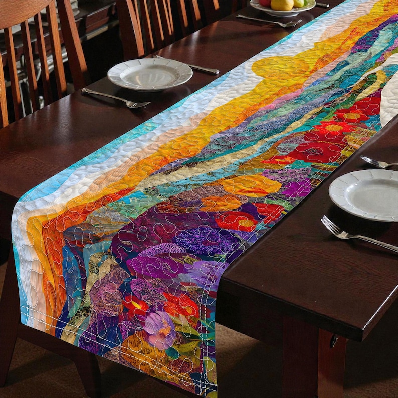 Nature Inspired Quilted Table Runner, Vibrant Mountain and Floral ...
