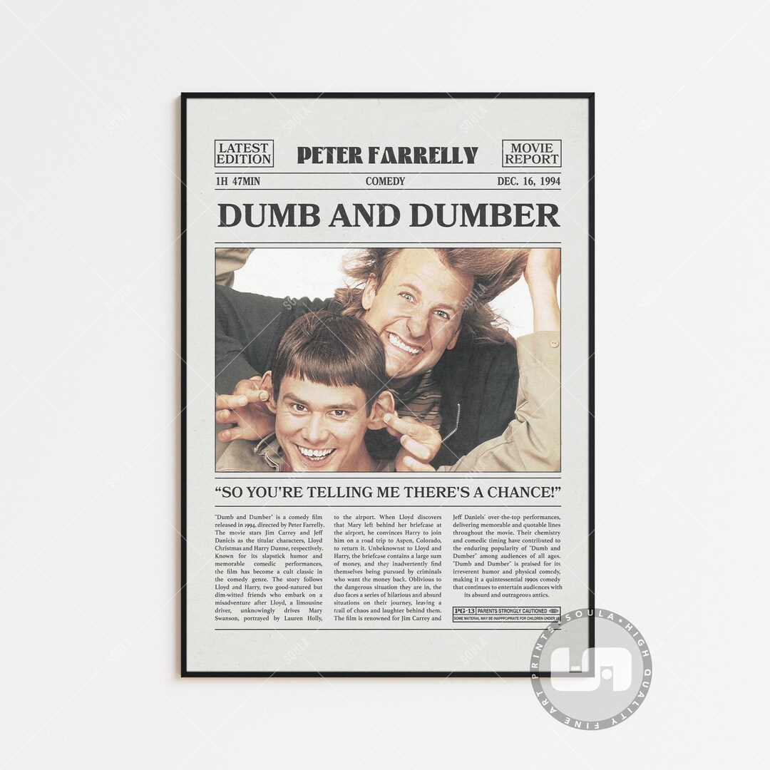 Dumb and Dumber, Peter Farrelly, Retro Newspaper Movie Poster, Black ...