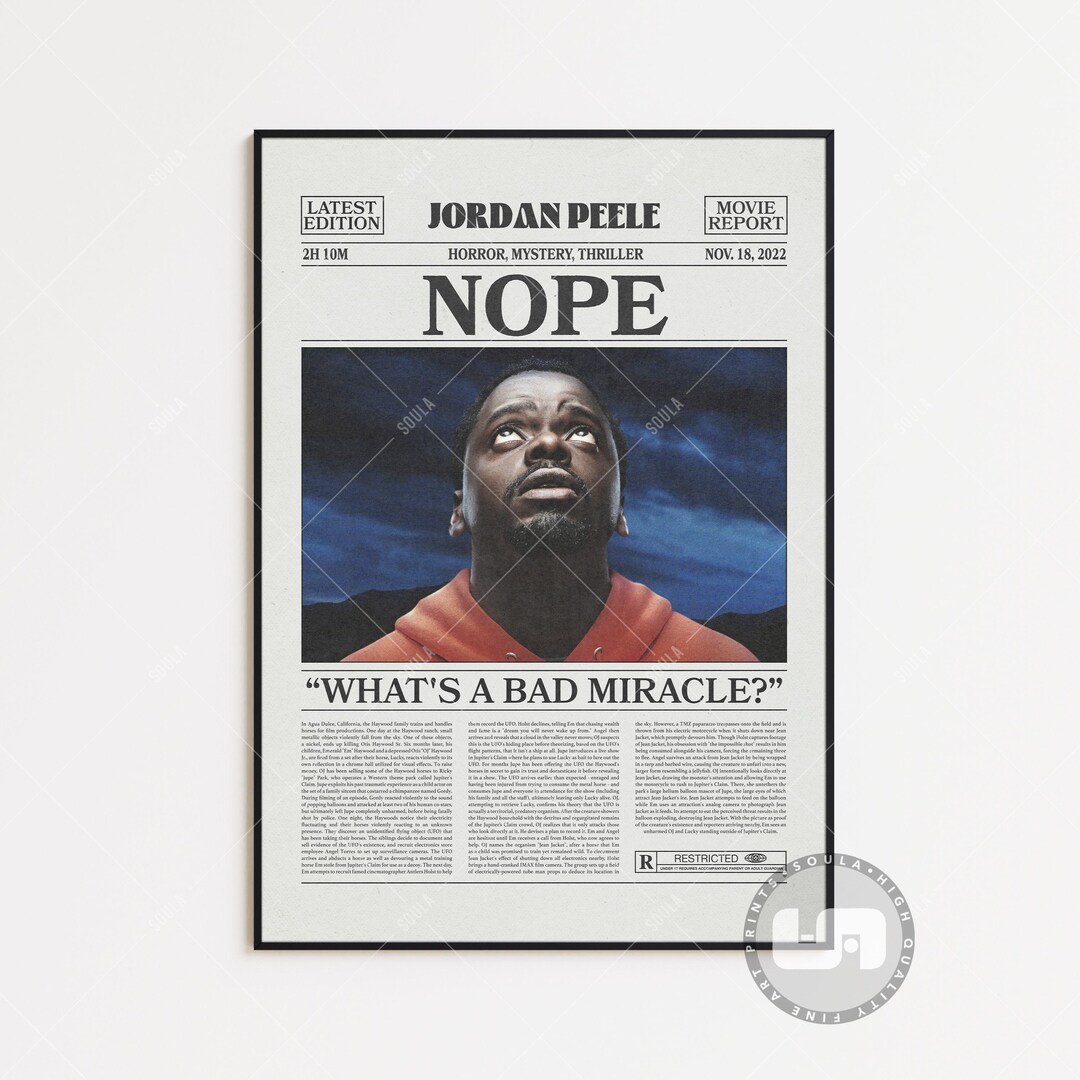 Nope Poster, Jordan Peele, Movie Poster, Retro Newspaper, Black White ...