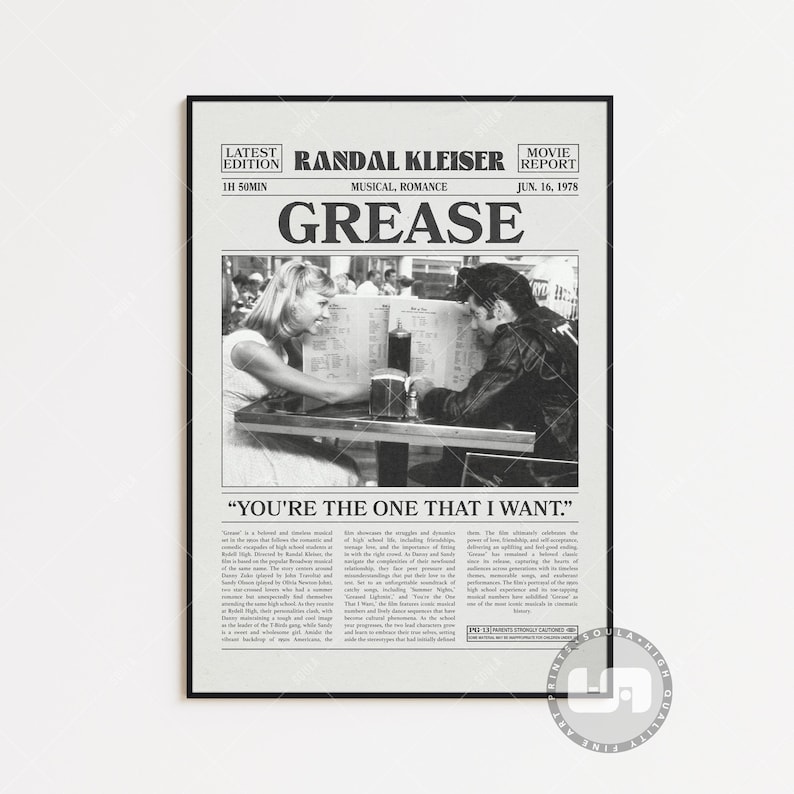 Grease, Randal Kleiser, John Travolta, Retro Newspaper Movie Poster ...