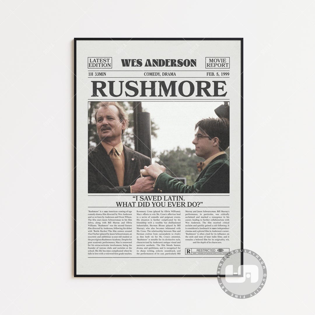 Rushmore Poster, Wes Anderson, Movie Poster, Retro Newspaper, Black ...