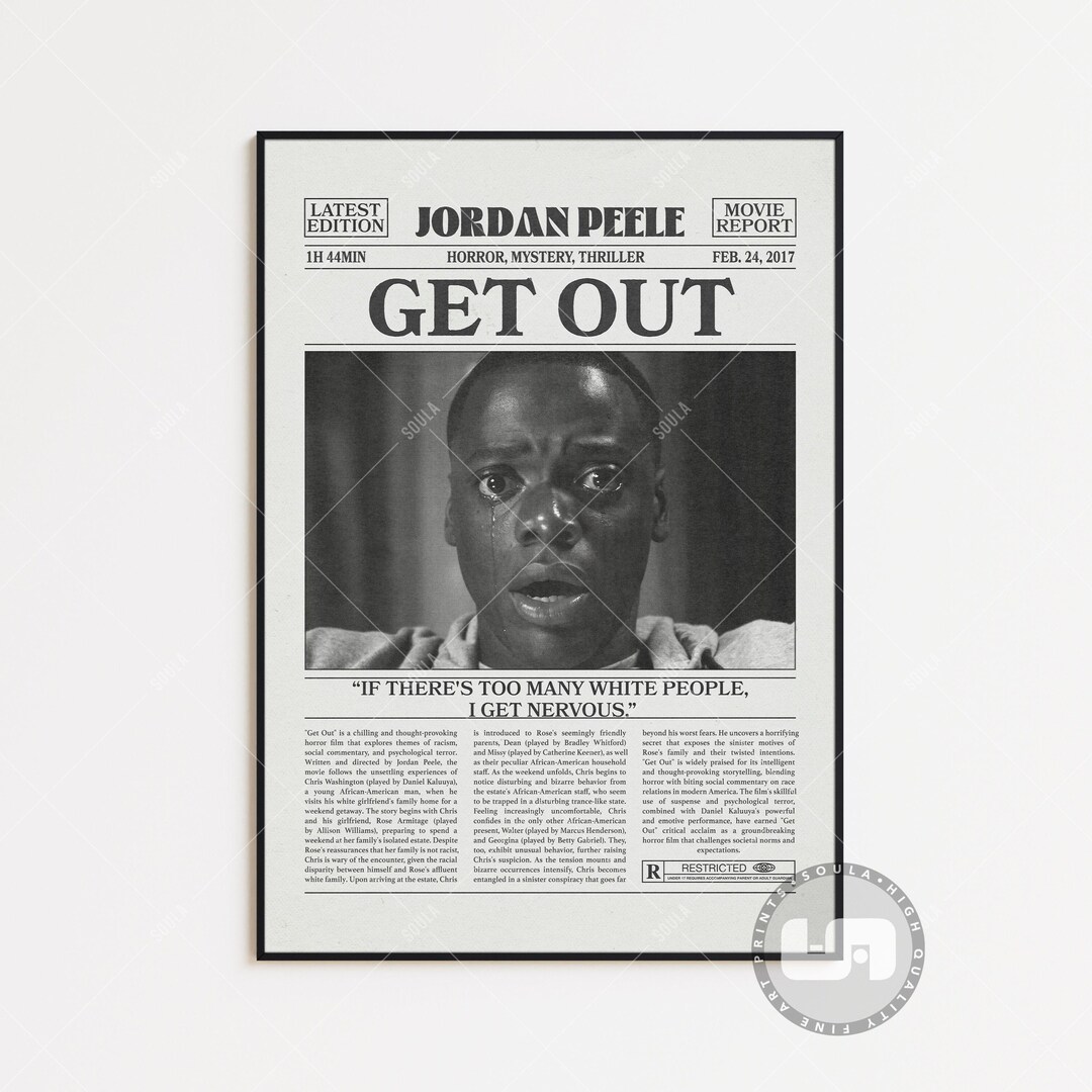 Get Out, Jordan Peele, Retro Newspaper Movie Poster, Black White Wall ...