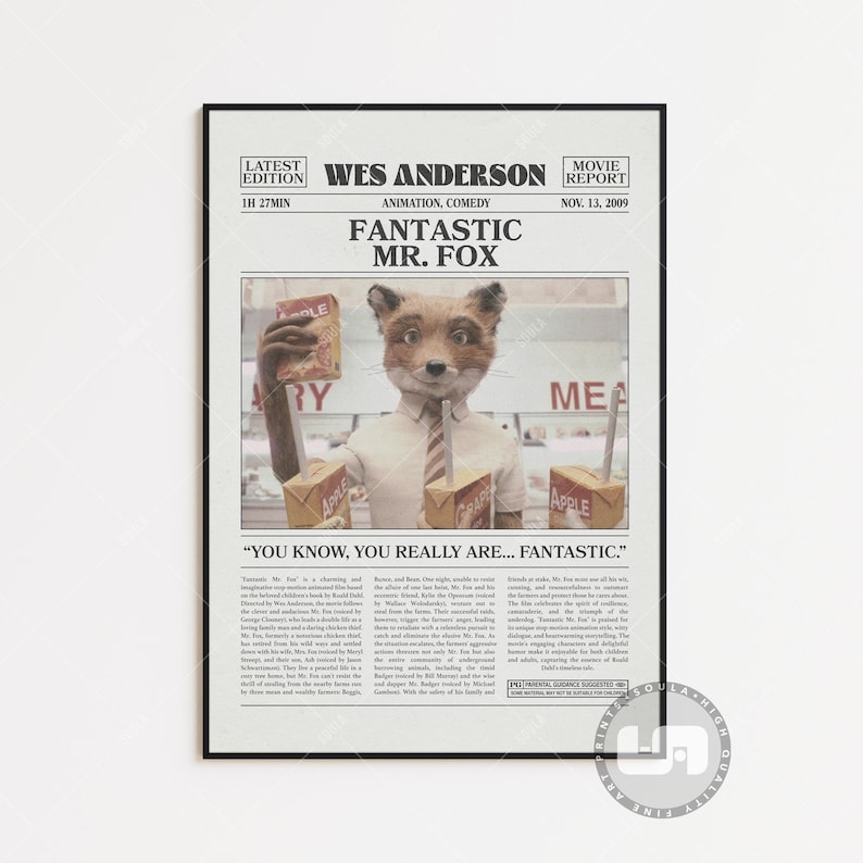 Fantastic Mr. Fox Poster, Wes Anderson, Retro Newspaper Movie Poster ...