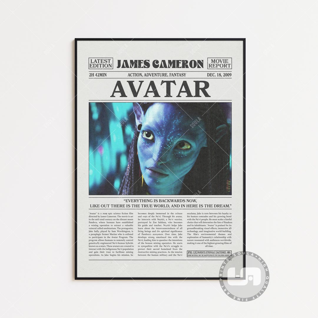Avatar Poster, James Cameron, Retro Newspaper Movie Poster, Black White ...