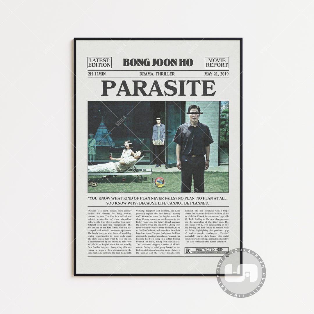 Parasite Poster, Bong Joon Ho, Movie Poster, Retro Newspaper, Black ...