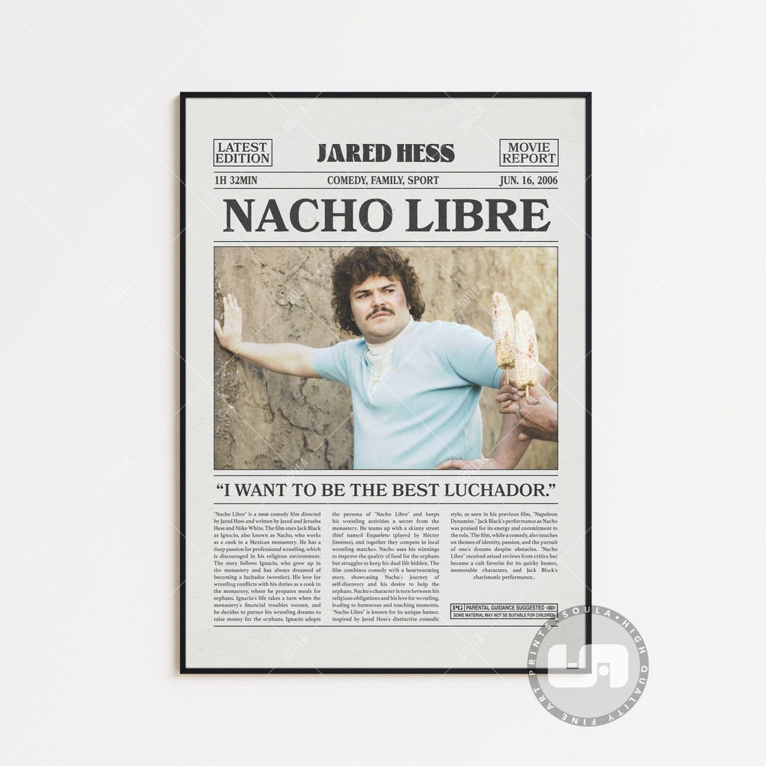Nacho Libre Poster, Jared Hess, Movie Poster, Retro Newspaper, Black ...