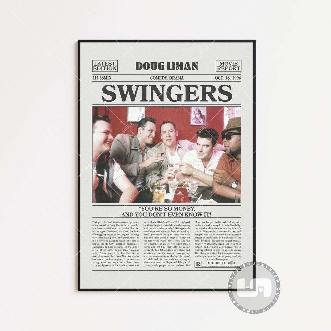 Swingers Poster, Doug Liman, Movie Poster, Retro Newspaper, Black White Wall Art, Vintage Retro ...