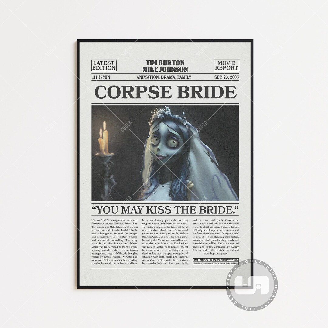 Corpse Bride, Tim Burton, Retro Newspaper Movie Poster, Black White ...