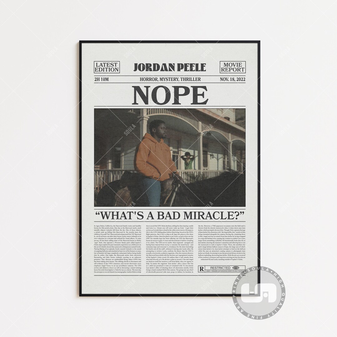 Nope Poster, Jordan Peele, Movie Poster, Retro Newspaper, Black White ...