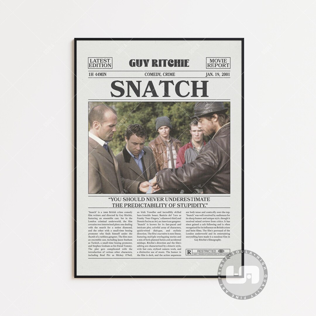 Snatch Poster, Guy Ritchie, Movie Poster, Retro Newspaper, Black White Wall Art, Vintage Retro ...