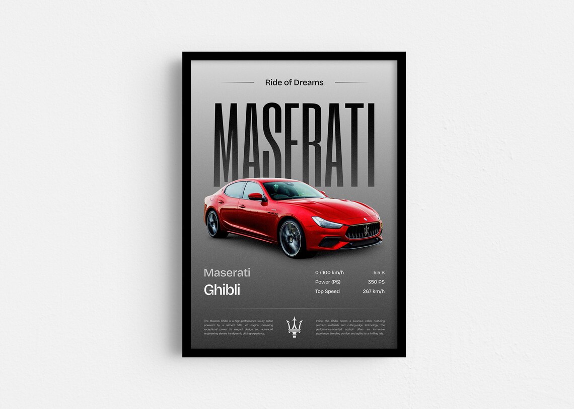 Maserati Ghibli Car Poster, Luxury Sports Car Print, Automotive Wall ...