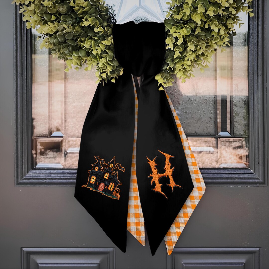 Embroidered Halloween Haunted House Wreath Sash With Monogram, Spooky ...