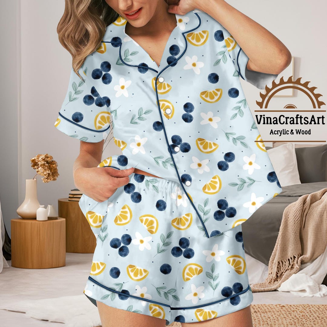 Blueberry Lemon Print Satin Pajamas – Women's Sleepwear Set - Etsy