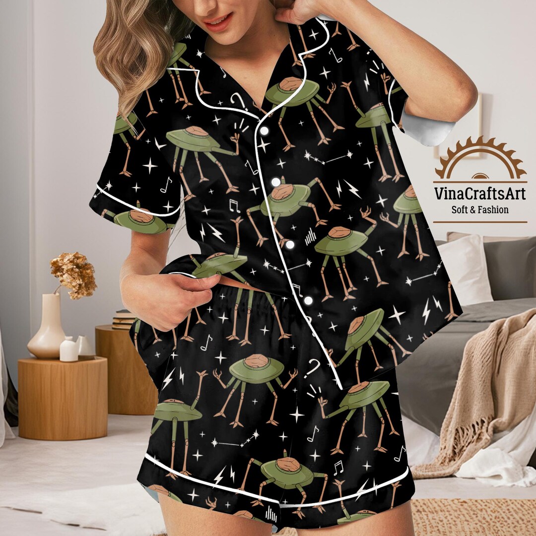 Alien UFO Pajama Set, Cartoon Space Sleepwear, Satin Smooth Nightwear ...