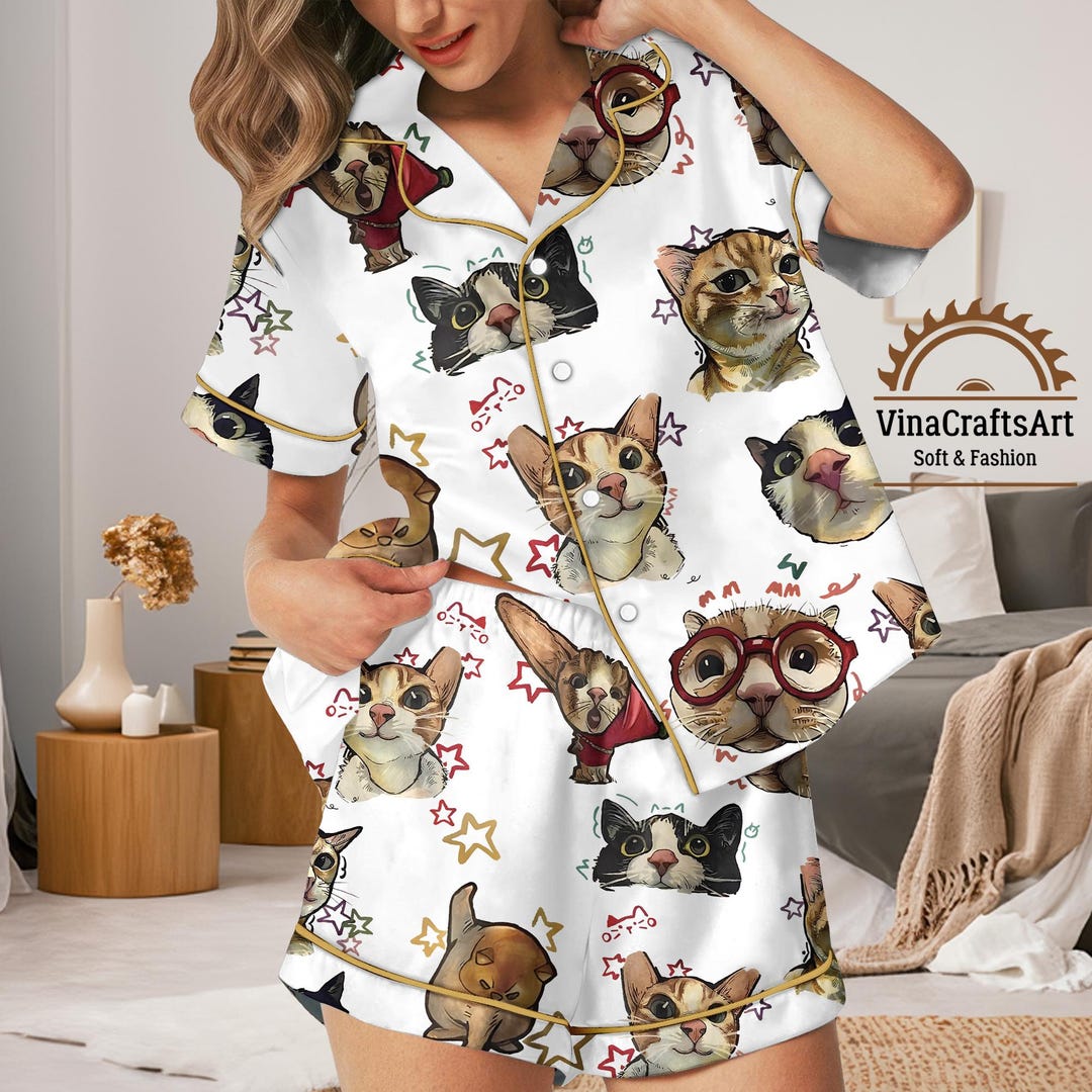Cartoon Cat Pajamas Set, Cute Kitty Print Sleepwear, Funny Cat Lover ...