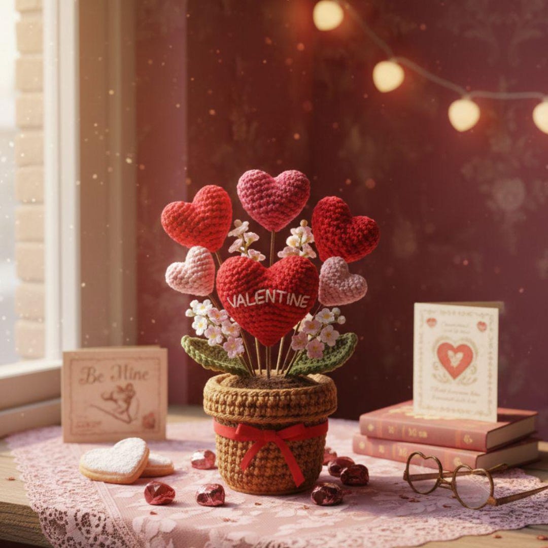 Crochet Heart Bouquet Pot PDF Pattern, Standing Decor Centerpiece ...