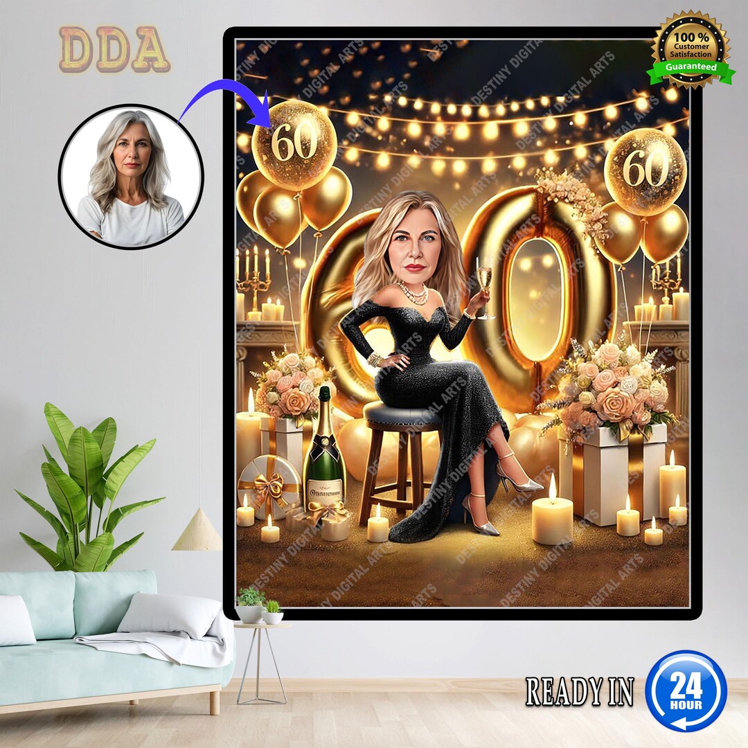 Custom 60th Cartoon Portrait | 60th Caricature | Personalized Happy ...