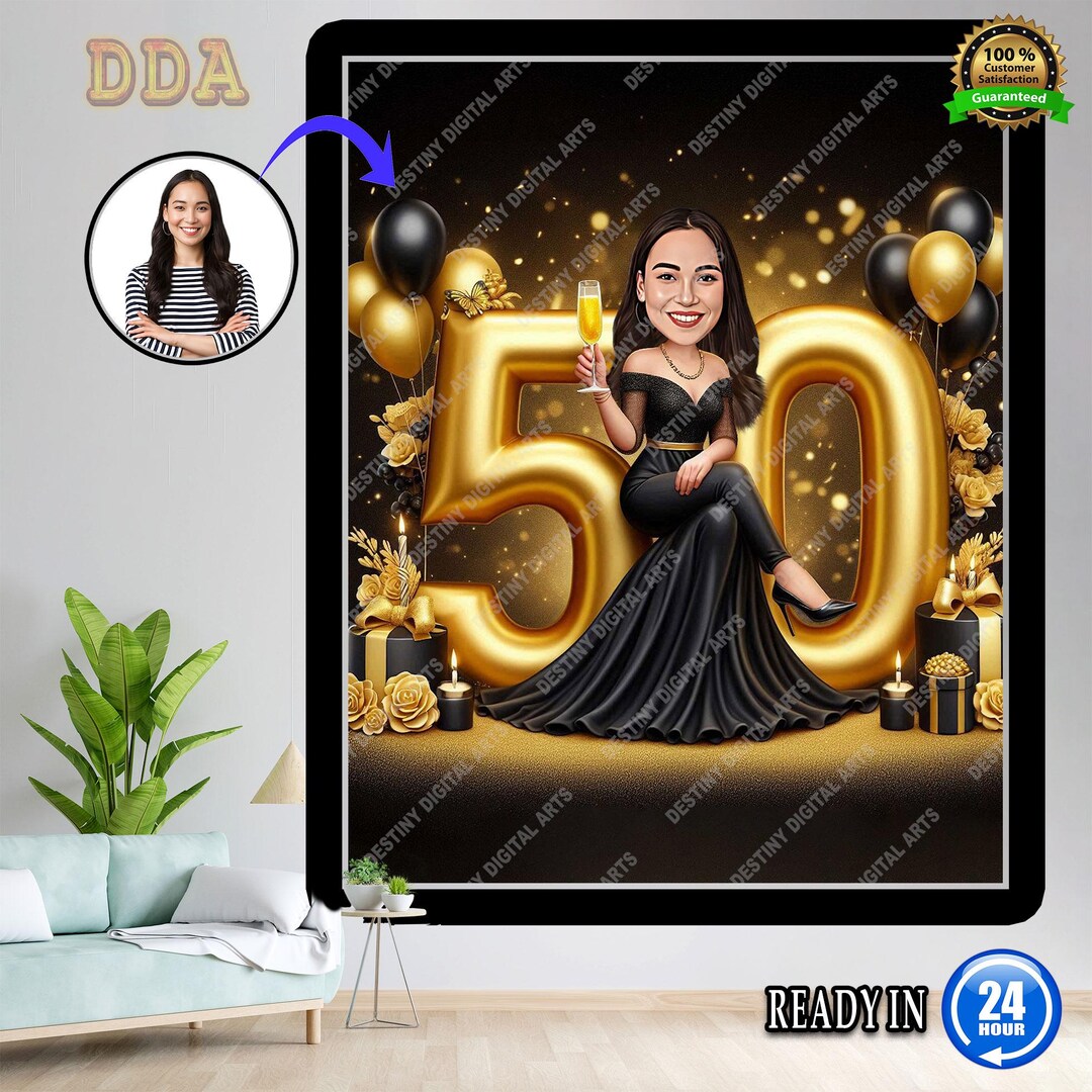 Custom 50th Cartoon Portrait | 50th Caricature | Personalized Happy ...