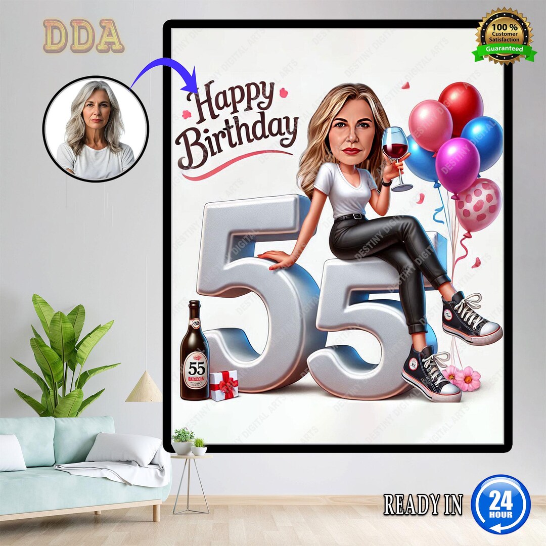 Custom 55th Cartoon Portrait | 55th Caricature | Personalized Happy ...