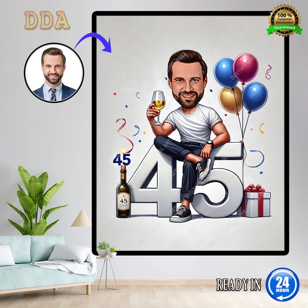 Custom 45th Man Cartoon Portrait | 45th Birthday Caricature | Birthday ...