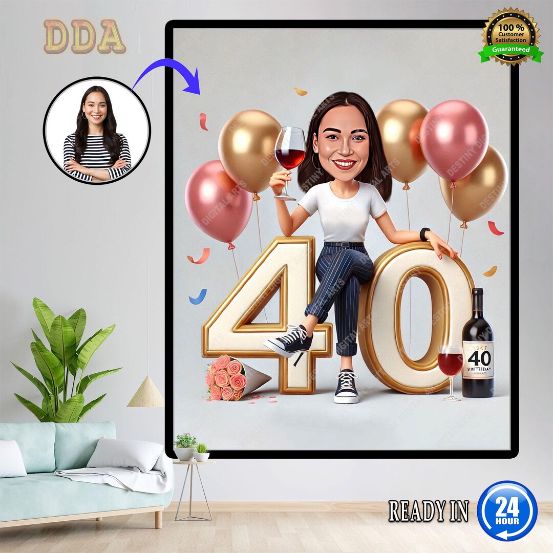 40th Birthday Caricature for Women, Personalized Birthday Gift for Her ...