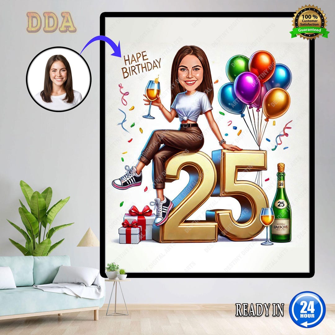 Custom 25th Cartoon Portrait | 25th Caricature | Personalized Happy ...