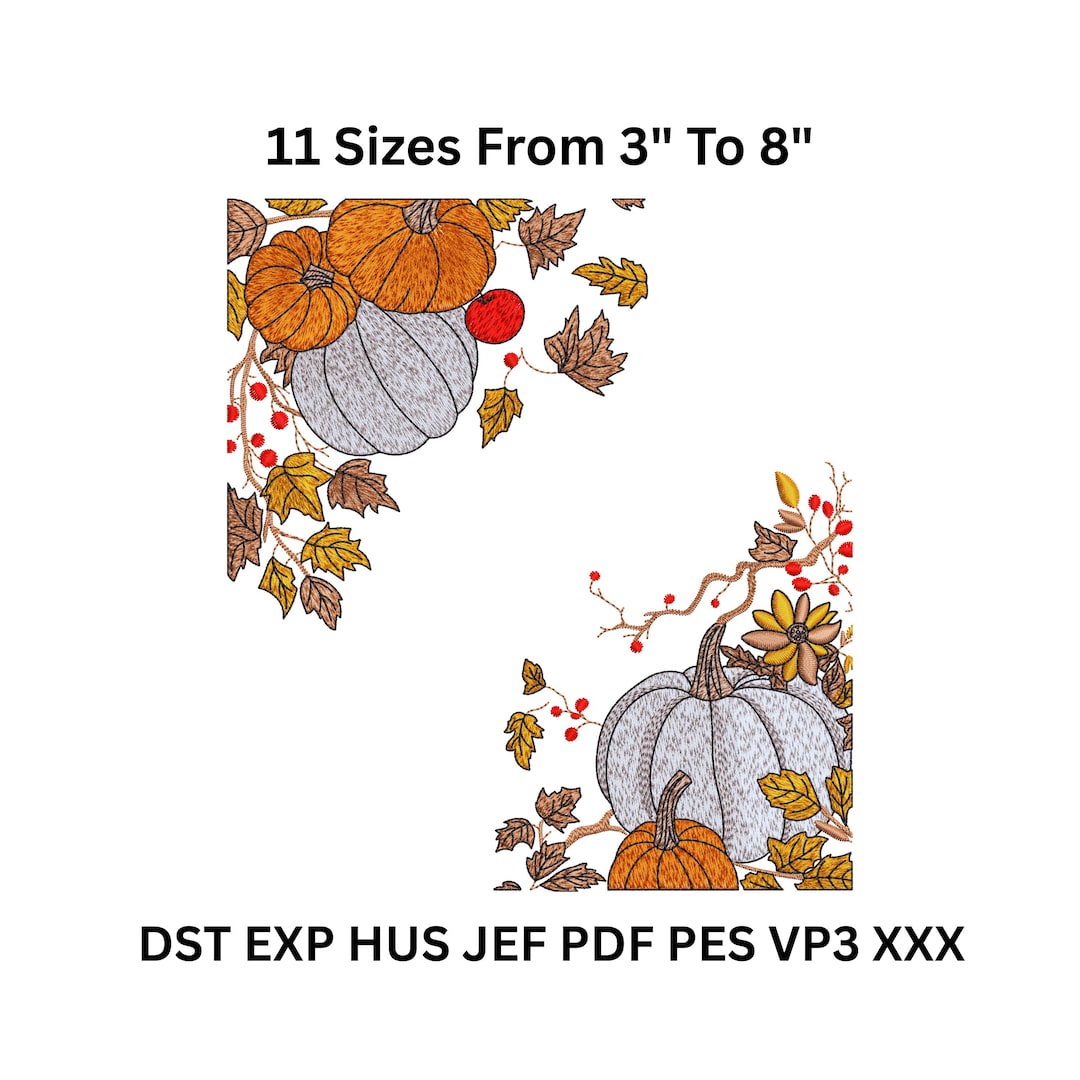 Fall Pumpkin Corner Embroidery Design Set – Autumn Leaves Borders, 11 ...