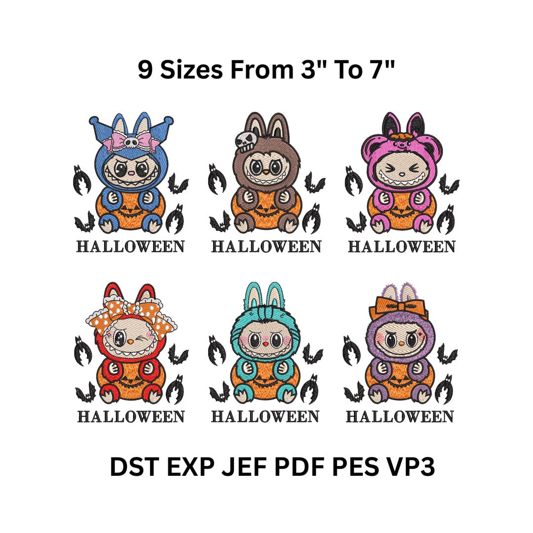Halloween Labubu Monster Embroidery Designs: 6 Kawaii Patterns (instant ...