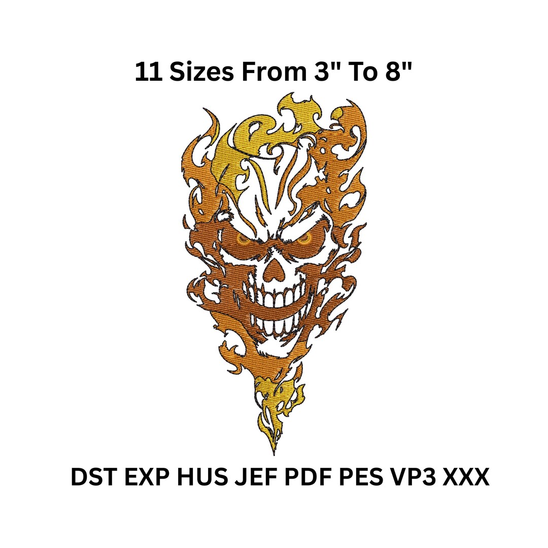 Flaming Skull Embroidery Design - 11 Sizes, Machine Embroidery File ...