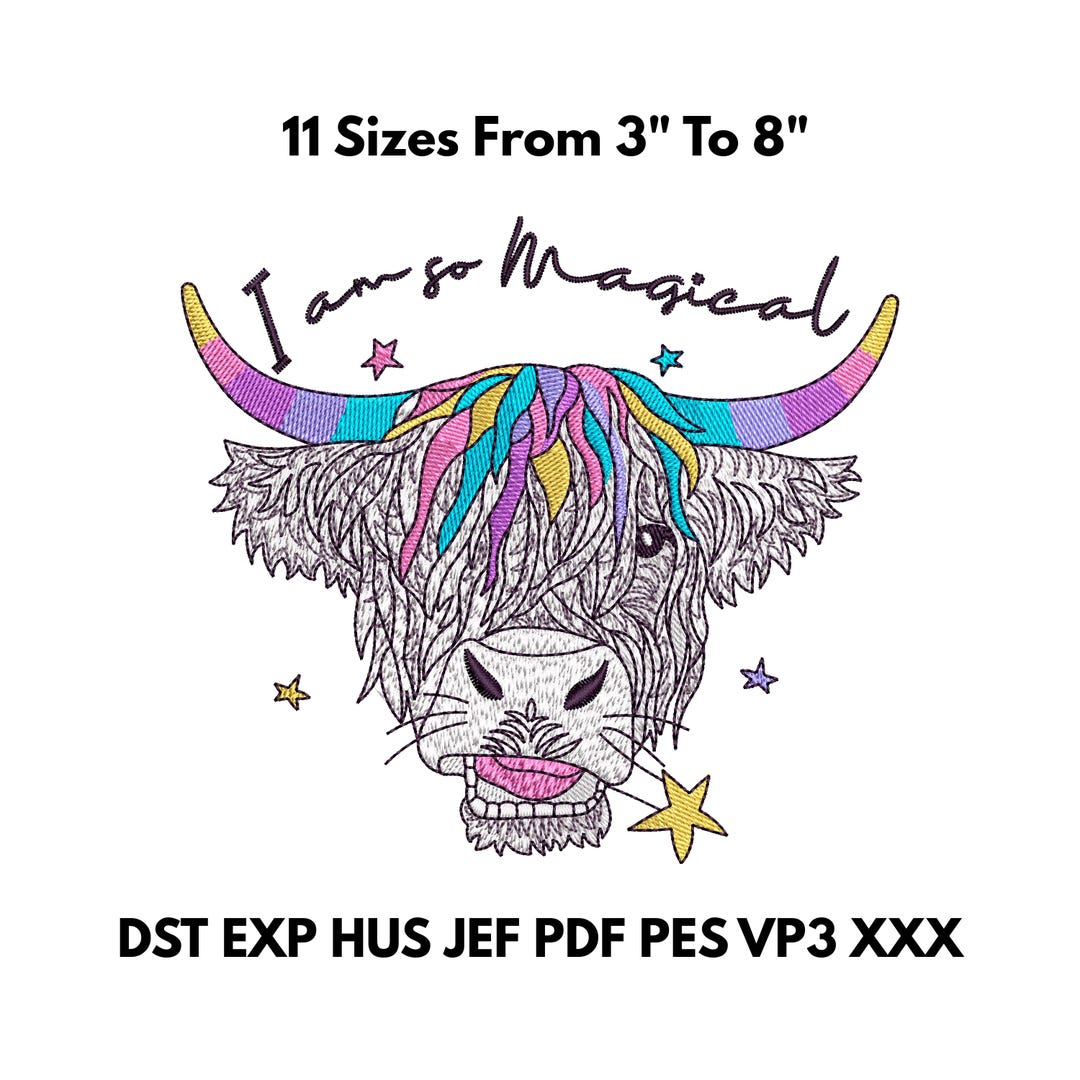 Rainbow Highland Cow Embroidery Design – 11 Sizes – Digital Machine ...