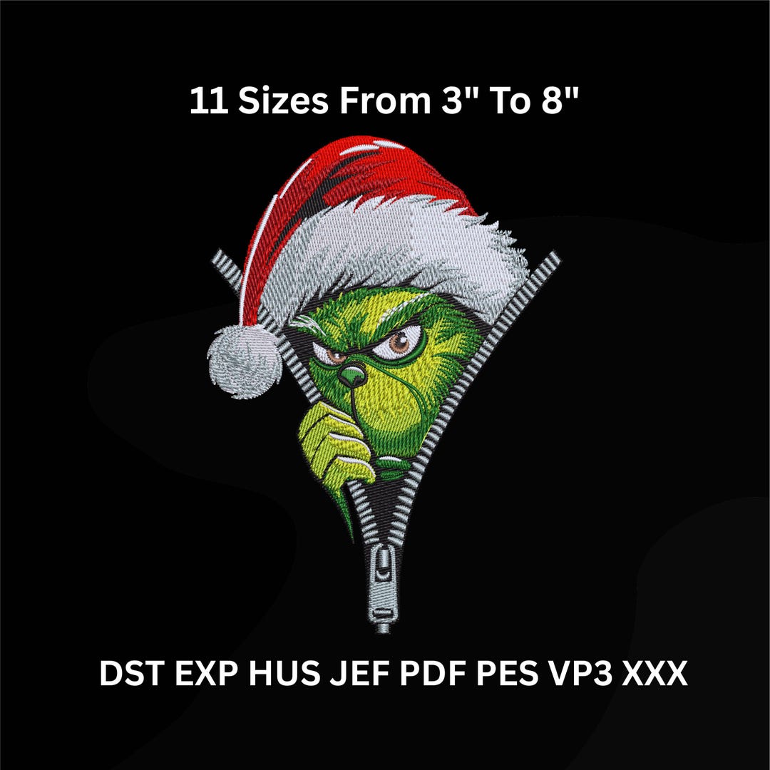 Grinch Christmas Zipper Peeker Embroidery Design 11 Sizes (instant ...
