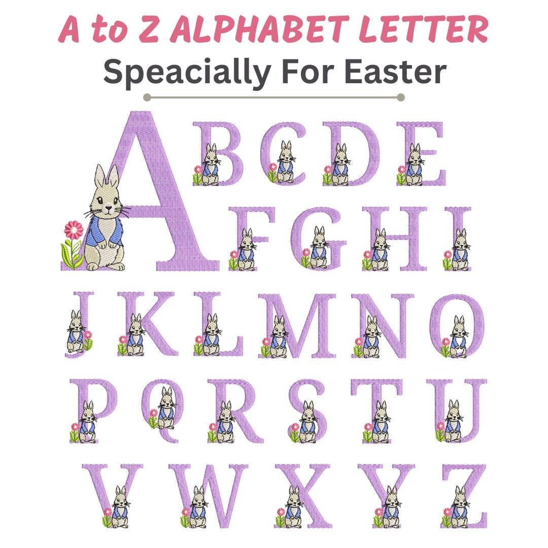 Bunny Alphabet Embroidery Font – Digital A–Z Letters, 3 Sizes ...