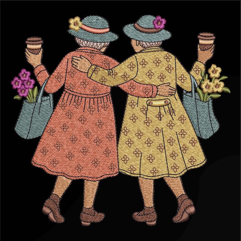 Friendship Embroidery Design – Elderly Women Walking, Digital Machine ...