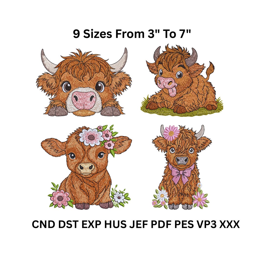 Highland Cow Embroidery Designs: Rustic Farm Animal Pattern 9 Sizes 3-7 ...