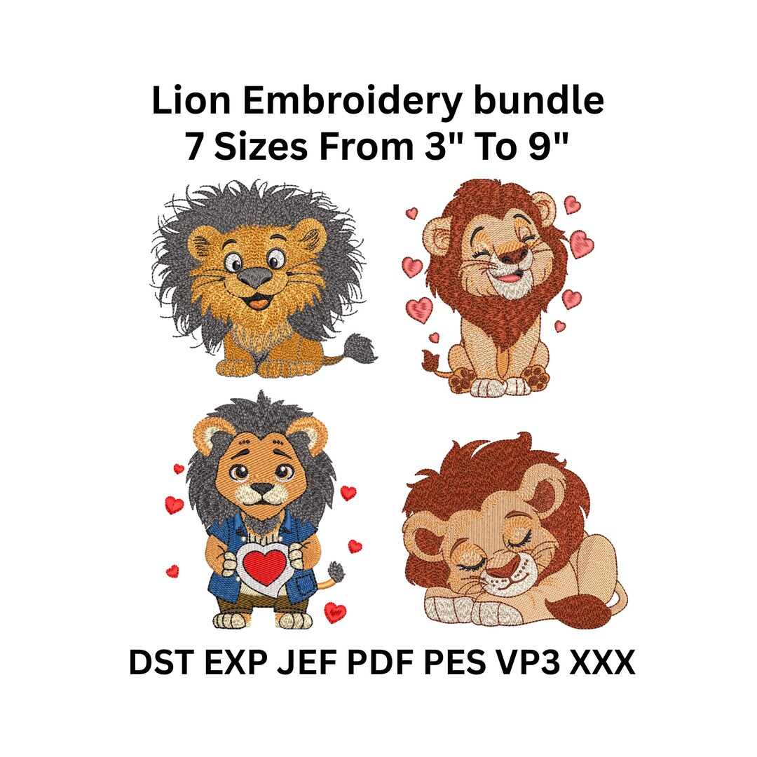 Lion Embroidery Designs – Baby Jungle Safari Animals (7 Sizes, Digital ...