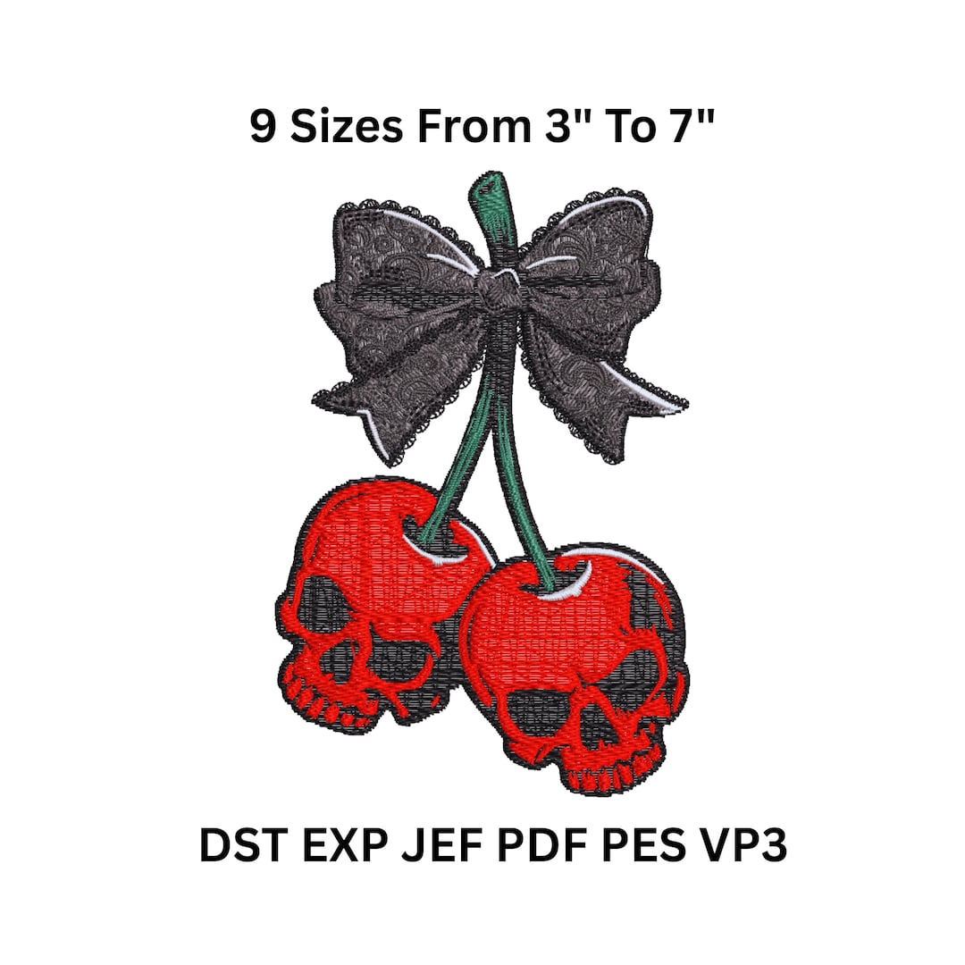 Skull Cherry Embroidery Design: Gothic Machine File (3-7 Inch, PES JEF ...