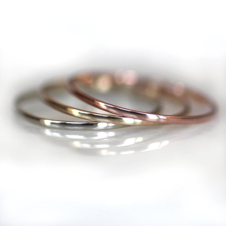 Solid Gold Set of 1mm Domed Stack Rings Thread Band Tricolor | Etsy