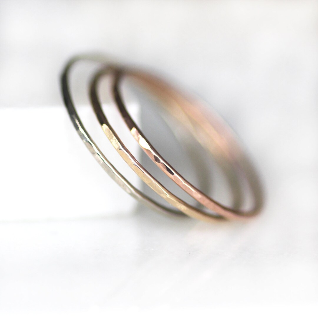 Solid Gold Set of Extra Skinny Stack Rings, Thread Band Tricolor Gold ...
