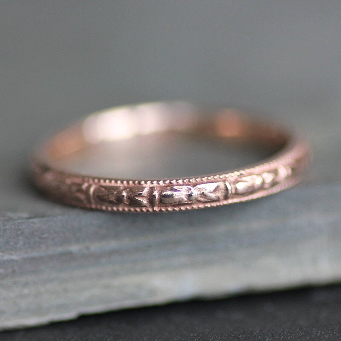 Solid ROSE Gold Thin Flower Pattern Ring 14K / 10K Gold - Etsy