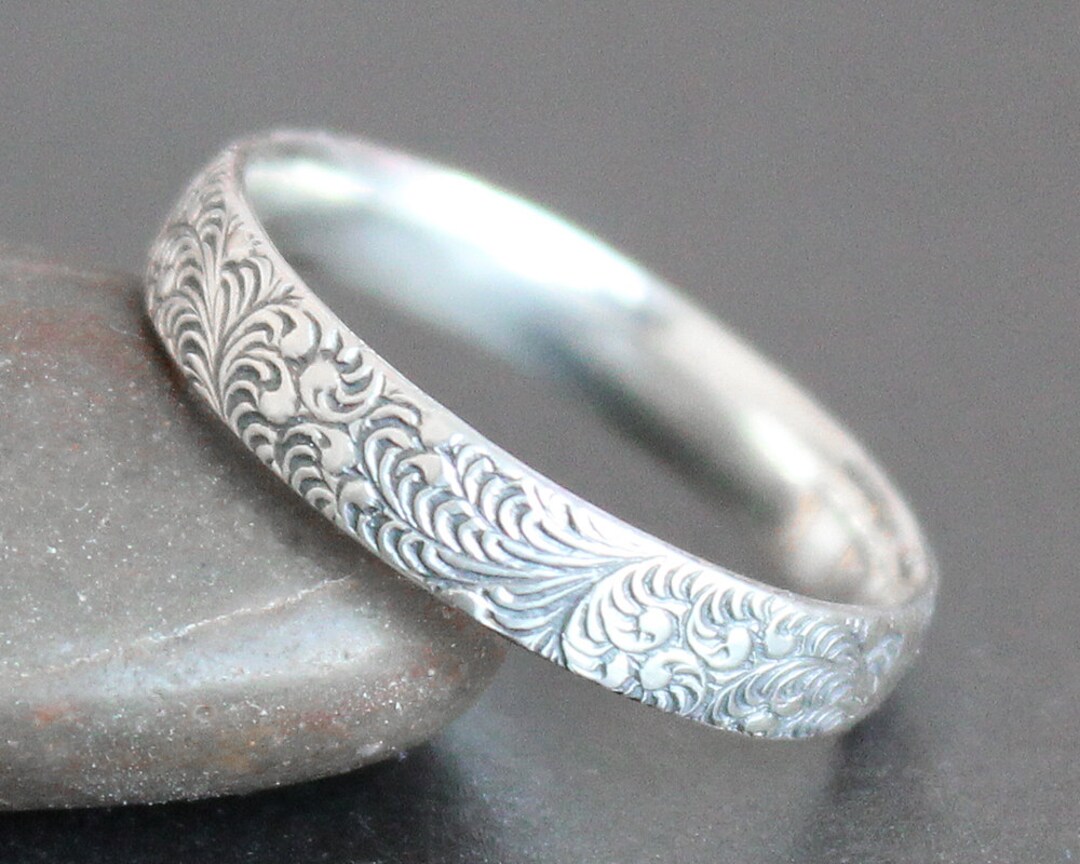 Feather Pattern Ring in Sterling Silver, Alternative Wedding Band ...