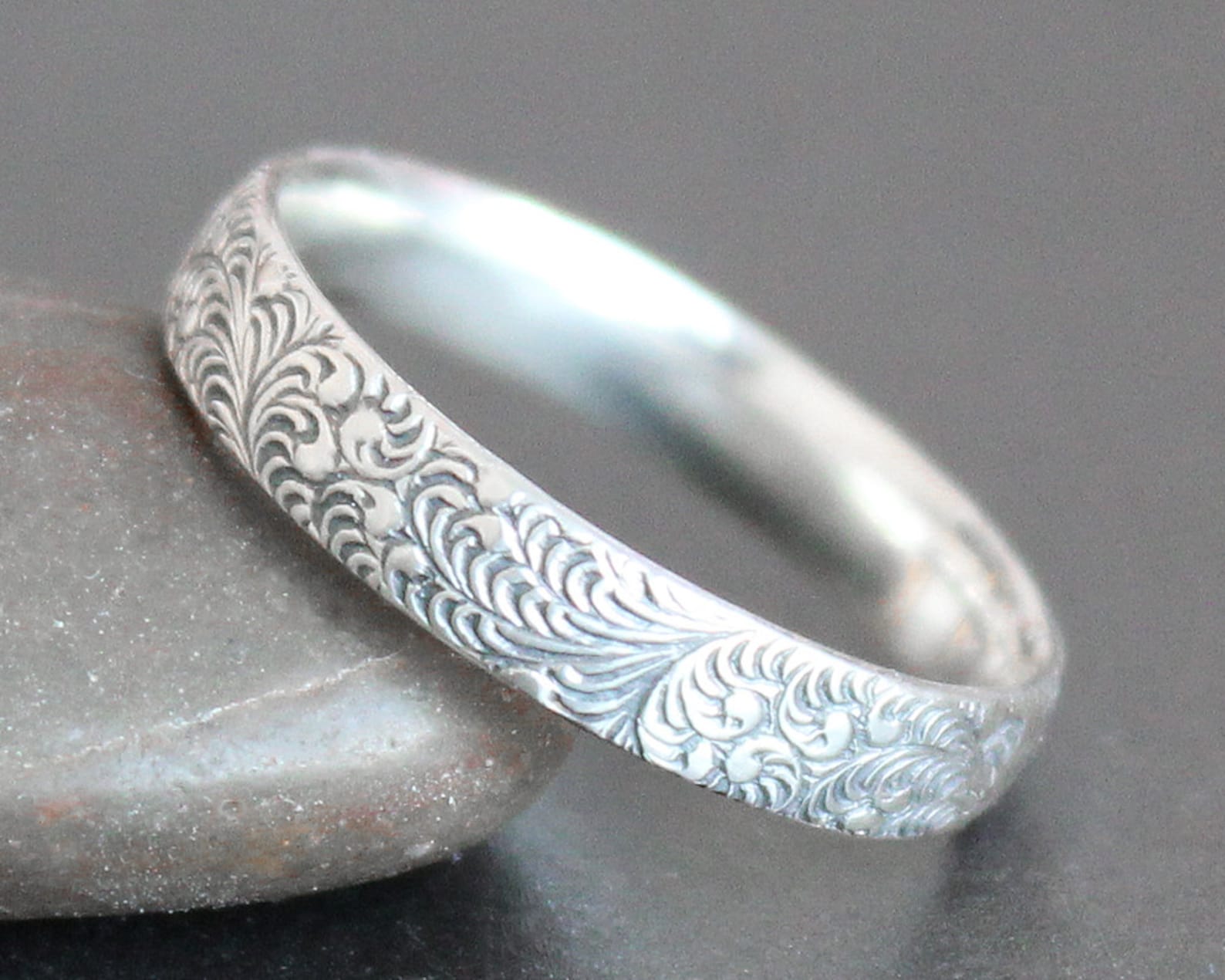 Feather Pattern Ring in Sterling Silver, Alternative Wedding Band ...