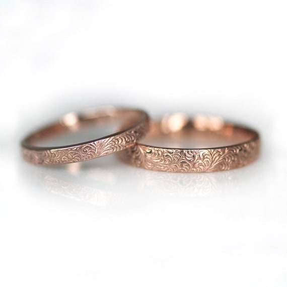 Set of Wedding Rings ROSE Gold Feather Pattern Rings 14K 10K Gold Vintage Style Wedding Bands Engraved Art Nouveau Recycled Gold Etsy