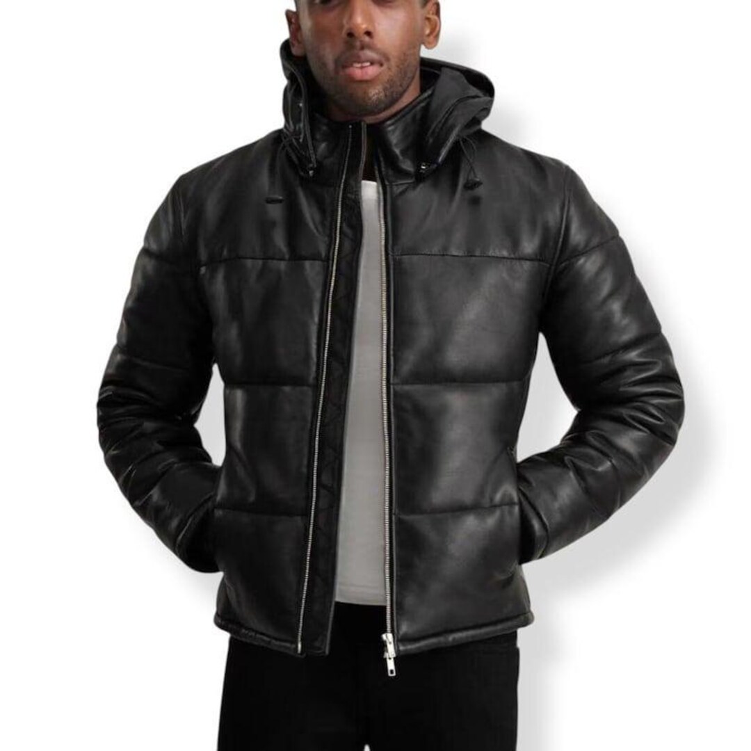 Black Men’s Waxed Leather Puffer Jacket With Hood – Street Style Winter ...