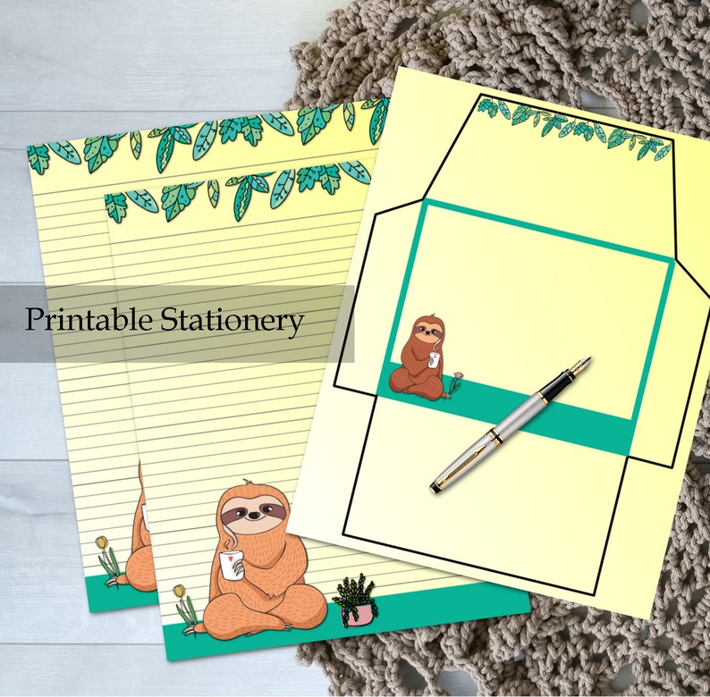 Sloth Printable Stationery Letter Set With Coffee | Envelope 8.5x11 - Etsy