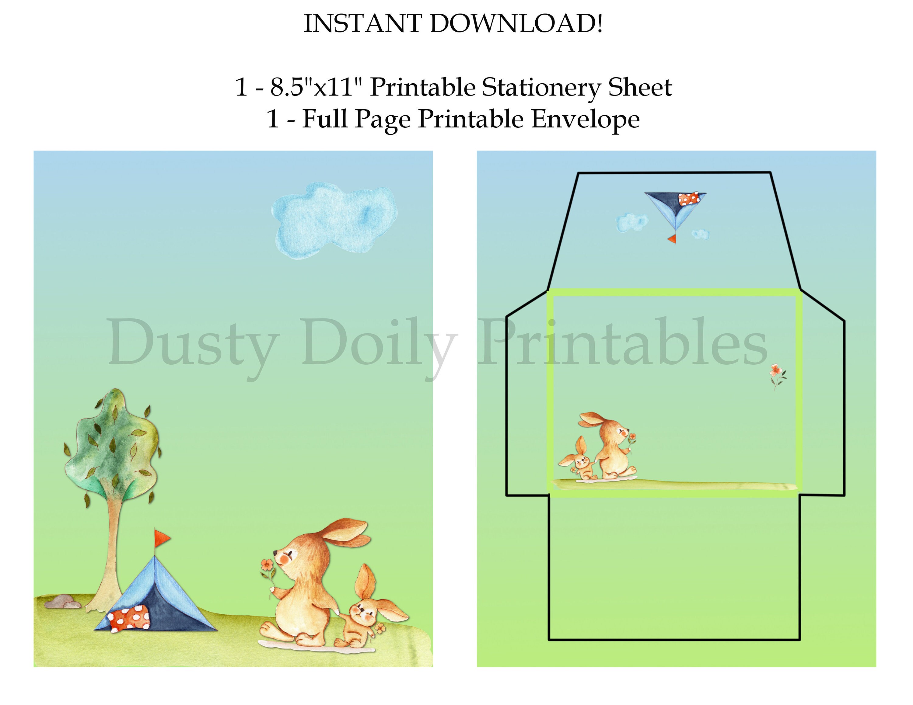 Camping Printable Stationery Set | Envelope 8.5x11 Tents Bunny Rabbit ...