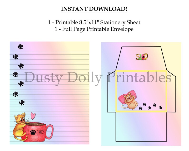 Cat Printable Stationery Letter Set | Envelope 8.5x11 Coffee Cup Lined ...
