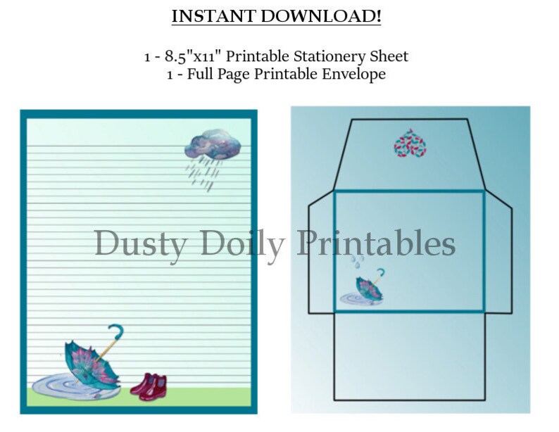 Umbrella Stationery Rainy Day Printable Penpal Letter Set With Rain ...