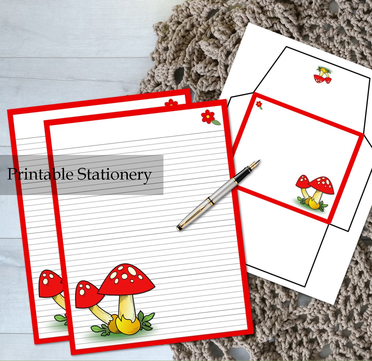 Mushroom Printable Stationery Letter Set | Envelope 8.5x11 Whimsical ...